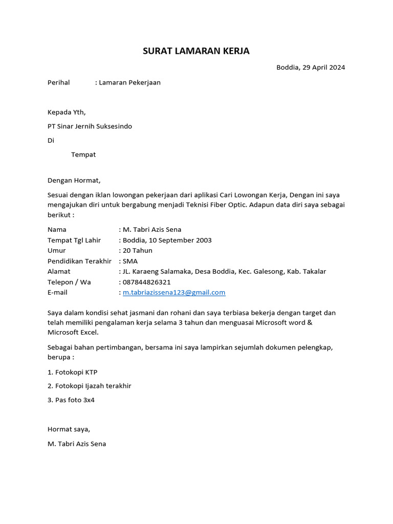 Surat Lamaran Kerja PT SJS | PDF