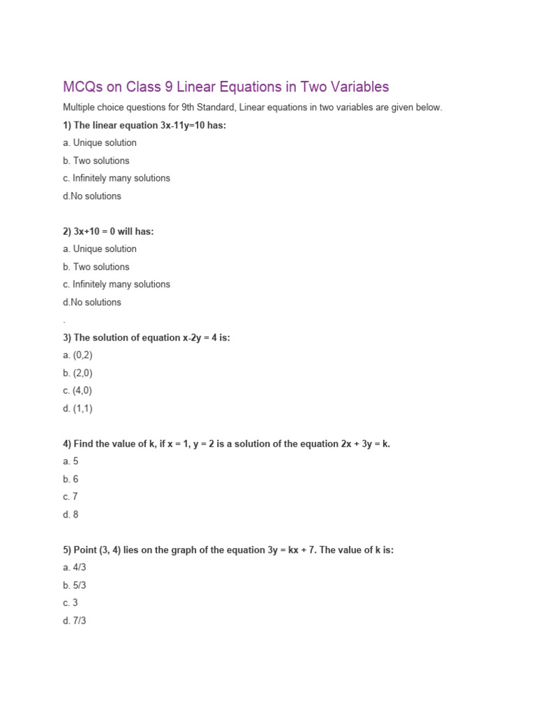 MCQs on Class 9 Linear Equations in Two Variables | PDF
