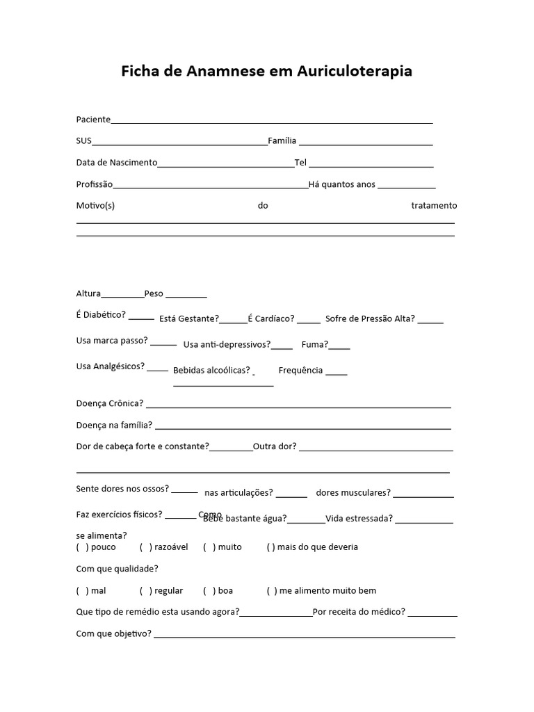 Ficha de Anamnese em Auriculoterapia | PDF | Dor | Especialidades médicas