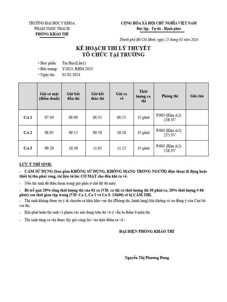 DUNG 46 - 2. Kế hoạch và danh sách thi Môn thi Tin HọcLần1 Lớp Y2023 RHM 2023 Ngày thi 01.02. ...