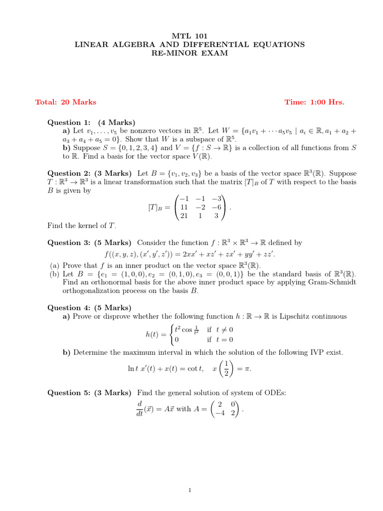 MTL101 Re Minor | PDF | Vector Space | Basis (Linear Algebra)