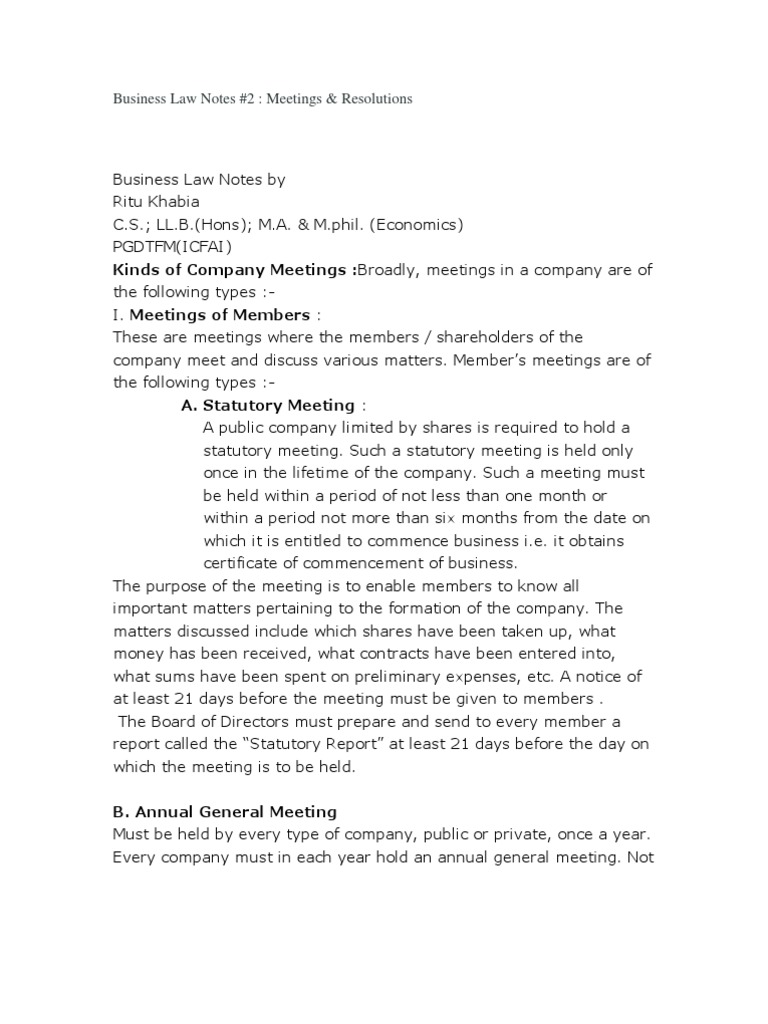Company Meetings & Resolutions Guide | PDF | Quorum | Proxy Voting