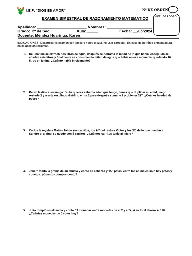 EX. BIMESTRAL RM 5TO SECUNDARIA | PDF