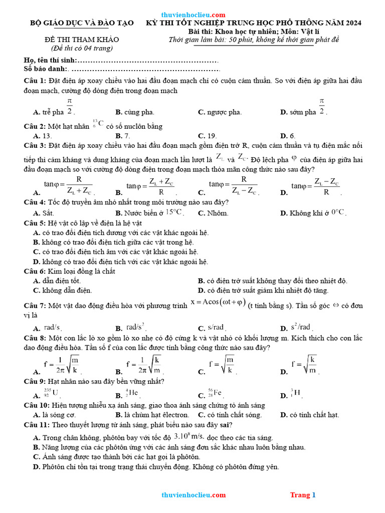 Giai Chi Tiet de Minh Hoa Mon Ly 2024 | PDF