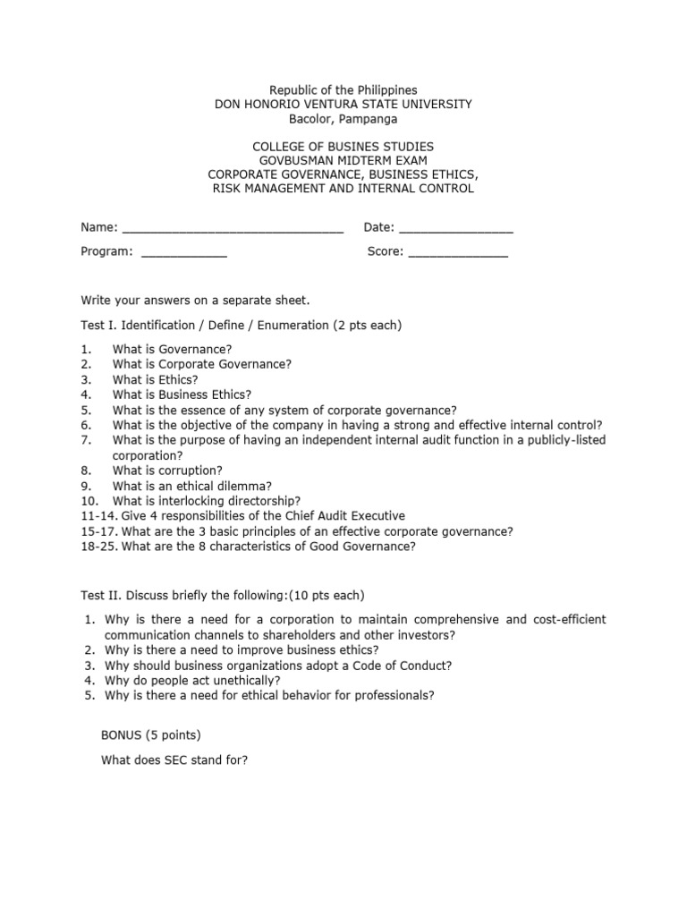 Midterm Exam: Governance & Ethics | PDF