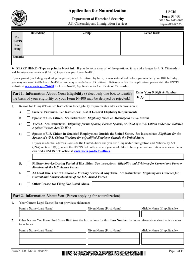 N-400 (US Naturalization Form) | PDF | Citizenship Of The United States ...
