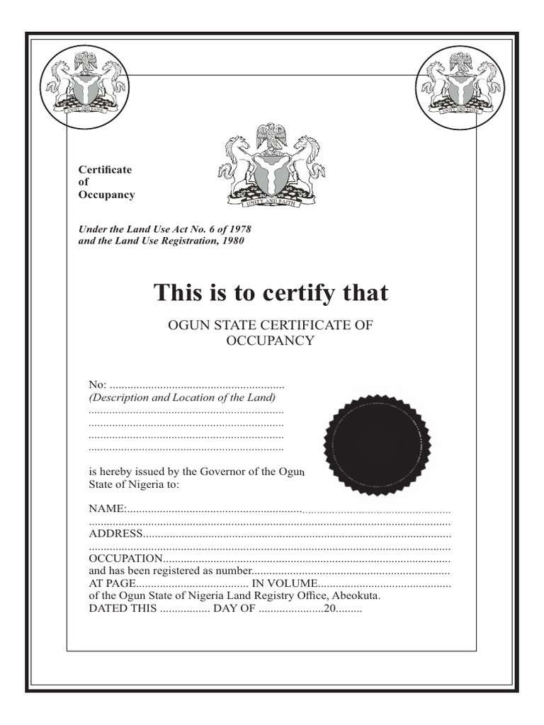 Sample Certificate of Occupancy in Nigeria | PDF
