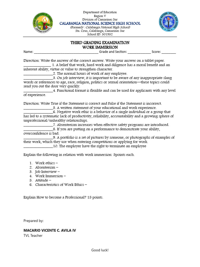 Work Immersion 3rd Grading Exam | PDF