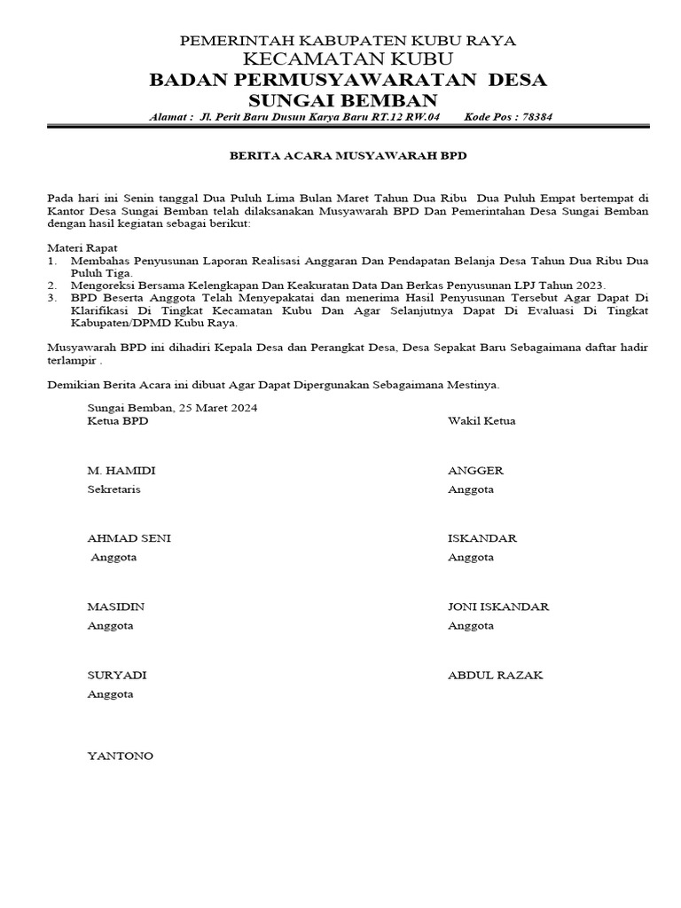 Berita Acara Dan DH BPD 2023 | PDF