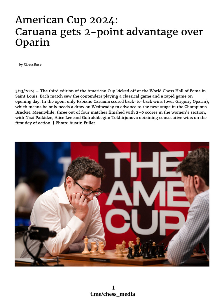 American Cup 2024 Caruana Gets 2 Point Advantage Over Oparin Chess | PDF | Traditional Board ...