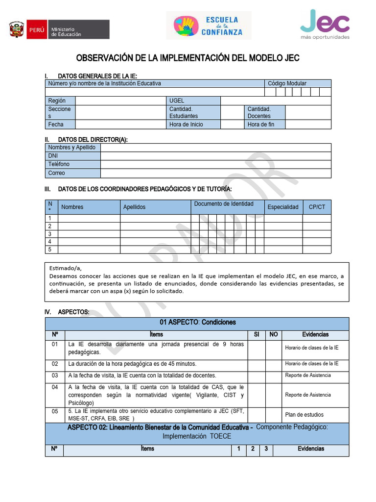 Ficha Monitoreo A Directivos de Ii - Ee Jec | PDF | Salón de clases | Aprendizaje