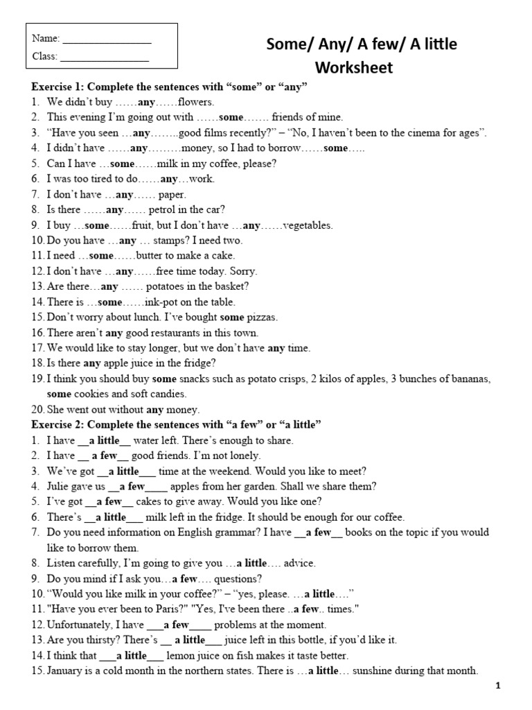 Some-Any-A Few-A Little - Answer Key | PDF | Foods | Cuisine