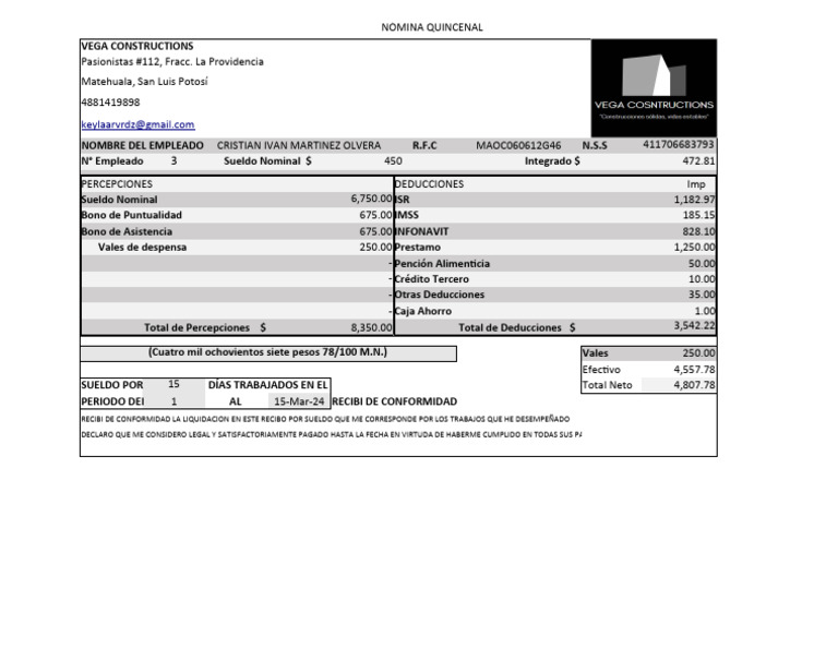Ejemplo de Nómina Quincenal 2024 | PDF