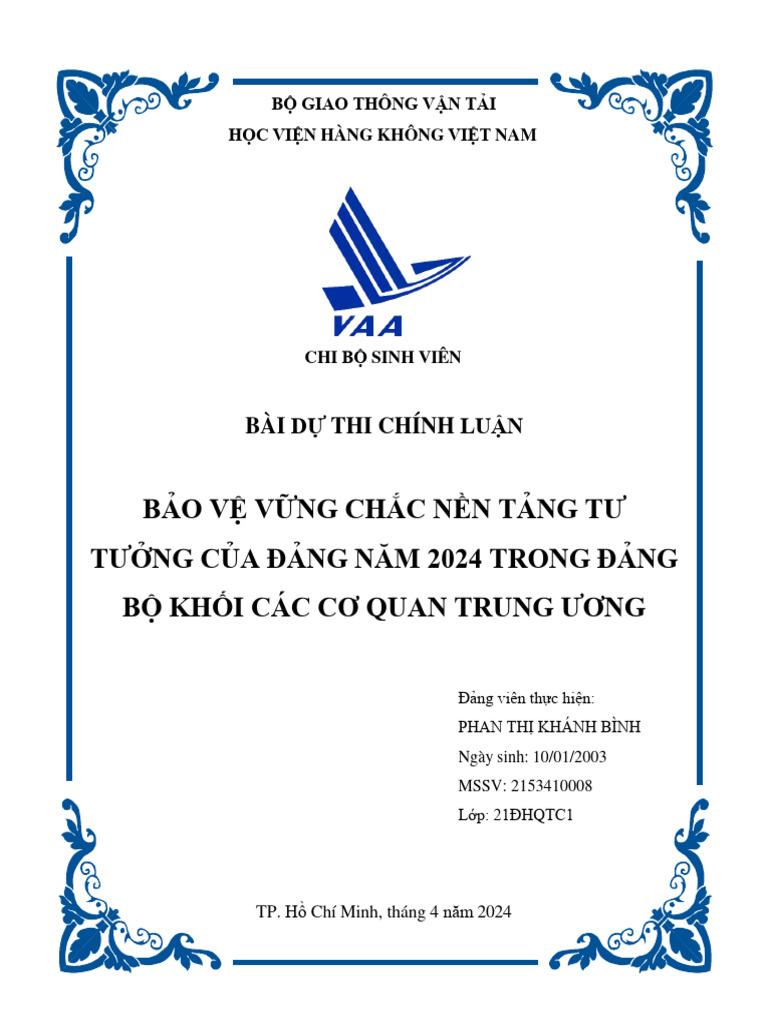 PHAN THỊ KHÁNH BÌNH _BÀI THI CHÍNH LUẬN VỀ BẢO VỆ NỀN TẢNG TƯ TƯỞNG CỦA ĐẢNG NĂM 2024 | PDF