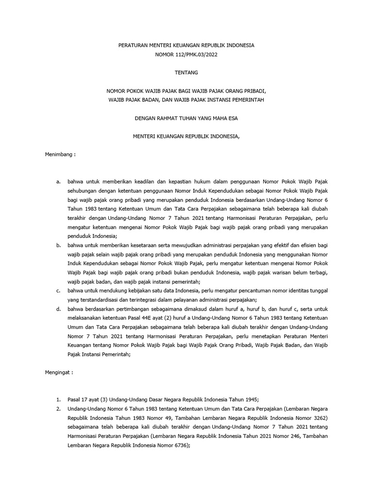 112PMK.032022 - NPWP WP OP Dan Badan - NIK NPWP | PDF | Pengelolaan ...