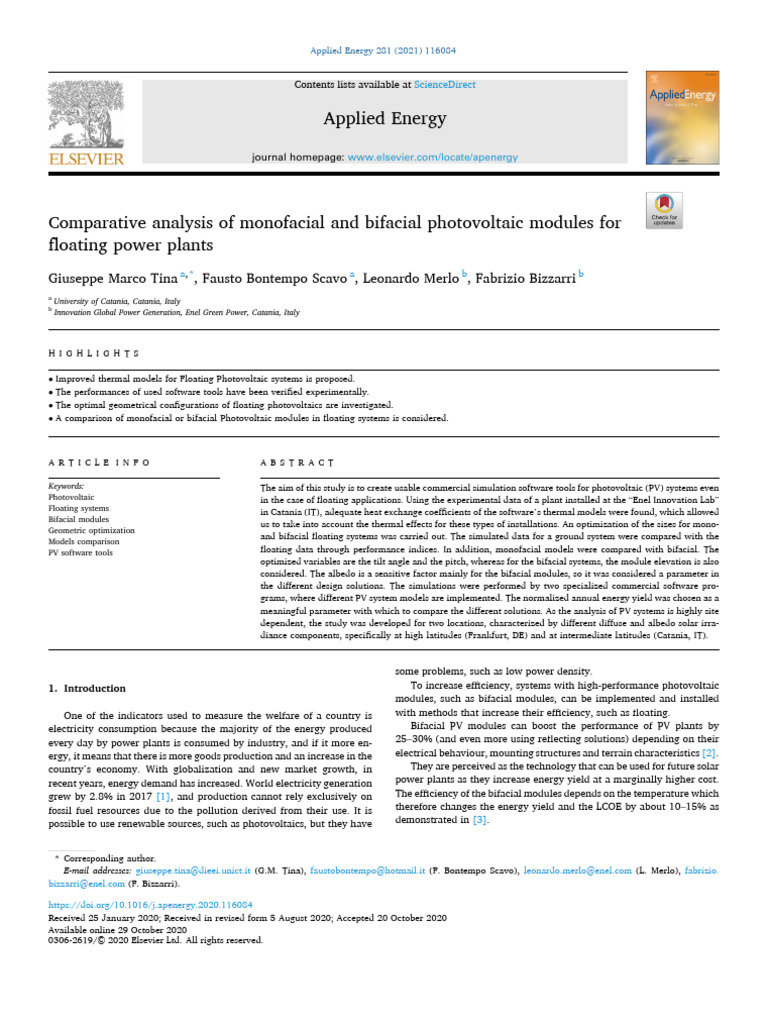 Comparative Analysis of Monofacial and Bifacial Photovoltaic Modules For Floating Power Plants ...