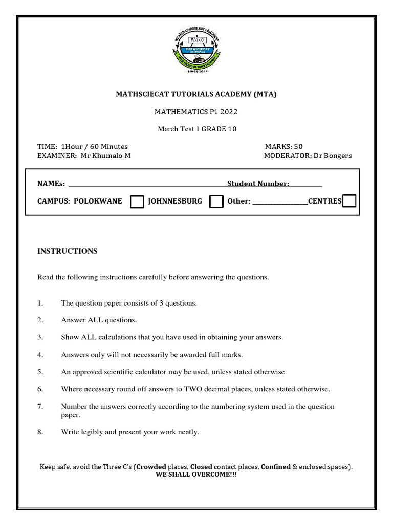 MTA Grade 10 March Test 1 2022 | PDF | Mathematical Concepts ...