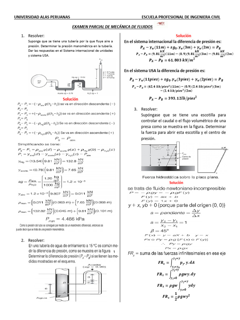Solucion Examen Parcial de Mecanica de Fluidos 20 Junio 2020 | PDF | Presión | Ingeniero civil