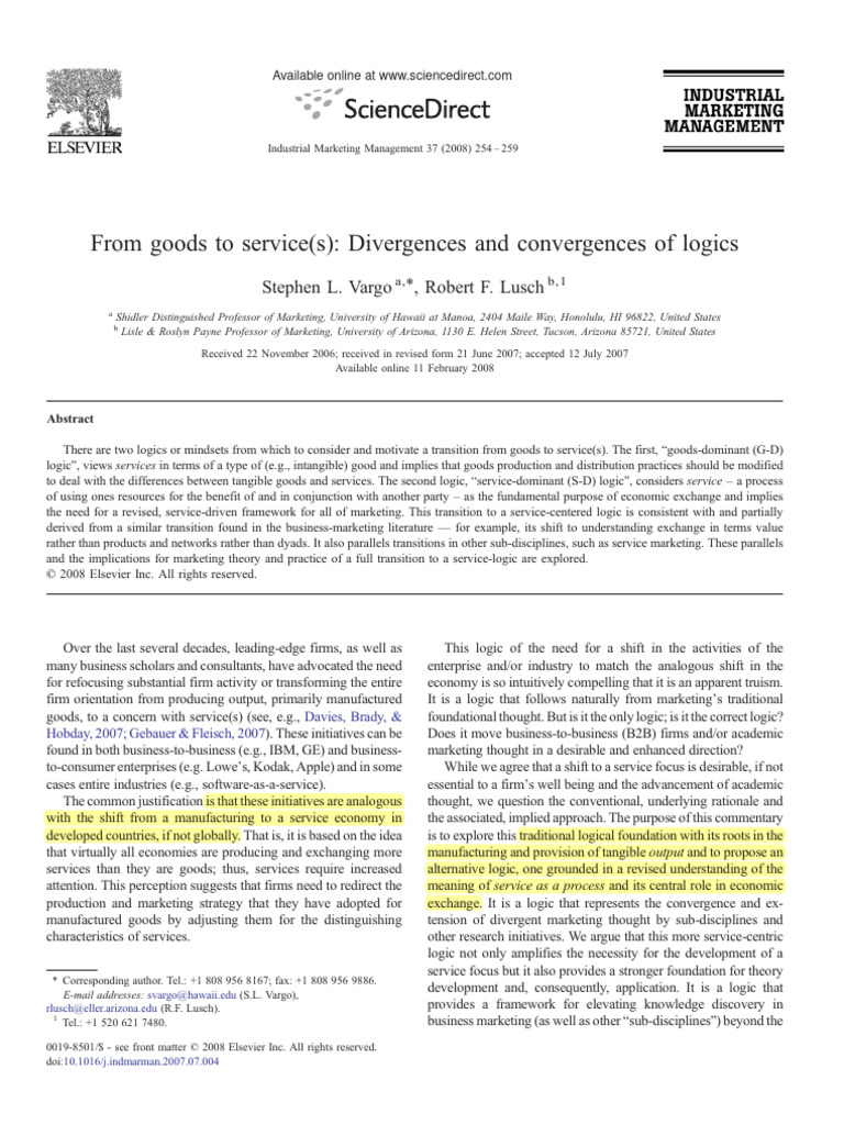 11 - From Goods To Service(s) - Divergences and Convergences of Logics Vargo Lusch IMM2008 | PDF ...