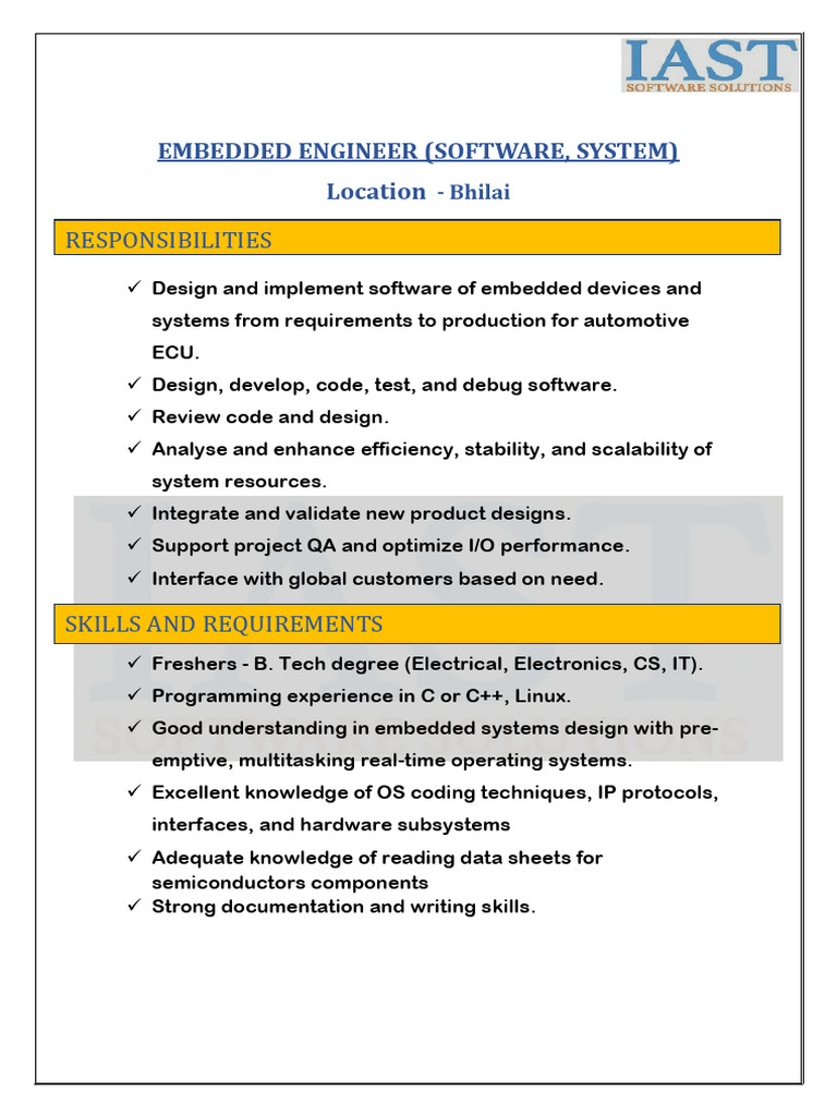 EMBEDDED ENGINEER JD Freshers - Bhilai | PDF