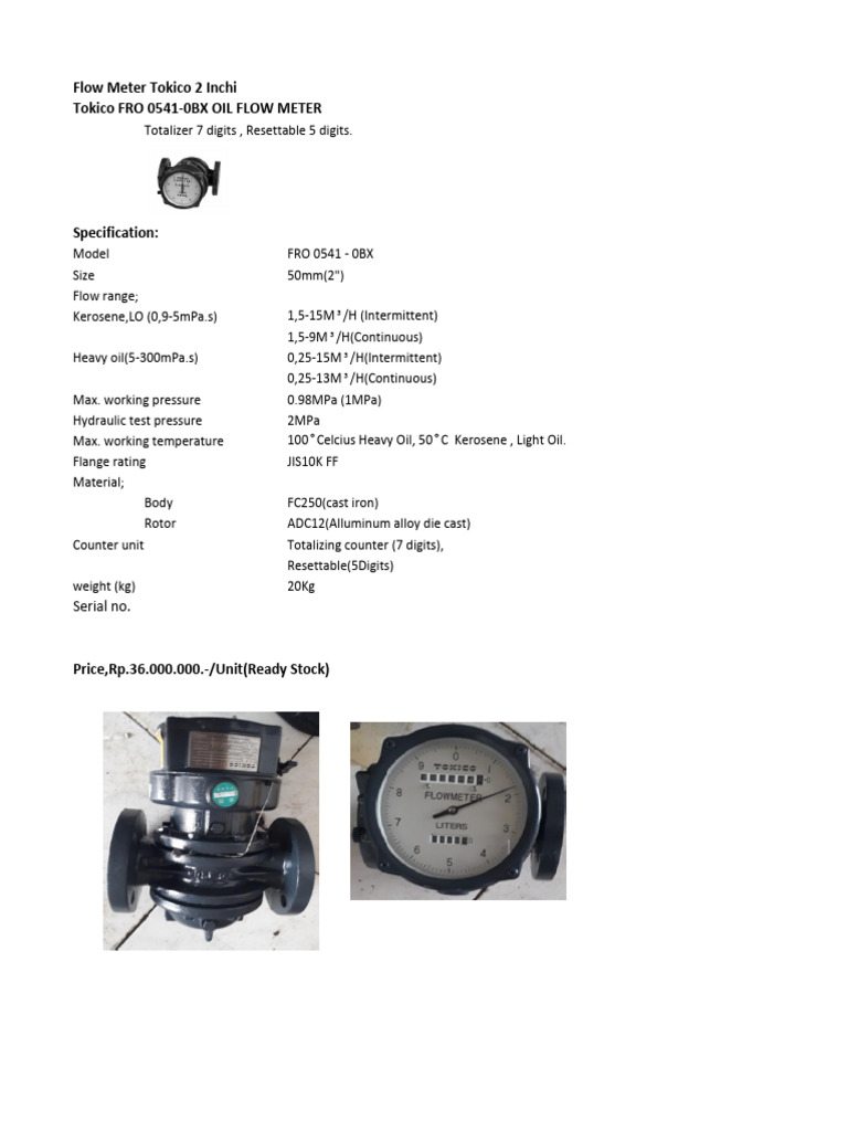 Tokico 2-Inch Flow Meter Specifications | PDF