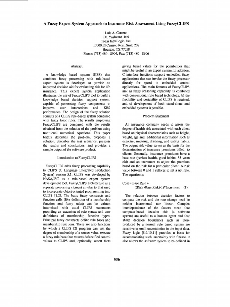 A Fuzzy Expert System Approach To Insurance Risk Assessment Using FuzzyCLIPS | PDF | Fuzzy Logic ...