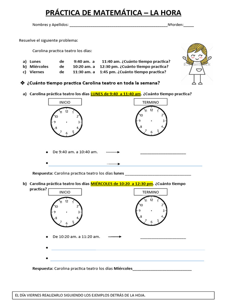 Práctica de Matemáticas: Horarios Semanales | PDF