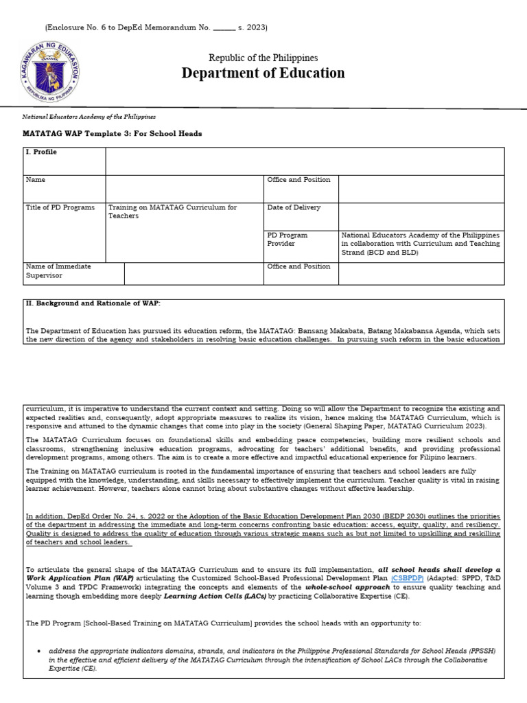 MATATAG WAP Template for School Heads | PDF | Pedagogy | Curriculum