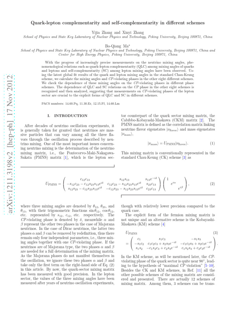 Quark-Lepton Complementarity and Self-Complementarity in Different Schemes | PDF | Particle ...