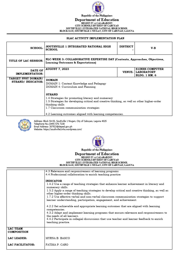 NLC2023 Week 1 Lac - Implementation Plan | PDF | Education Theory | Human Communication