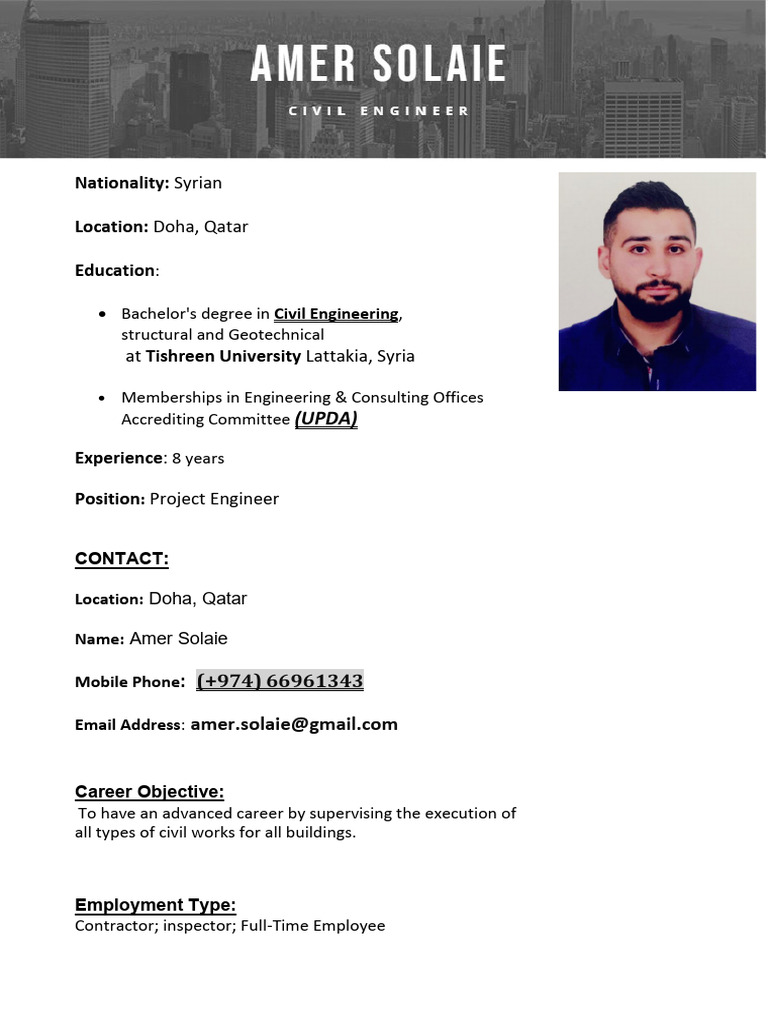 CV Amer Solaie - Civil Engineer | PDF | Consultant | Qatar
