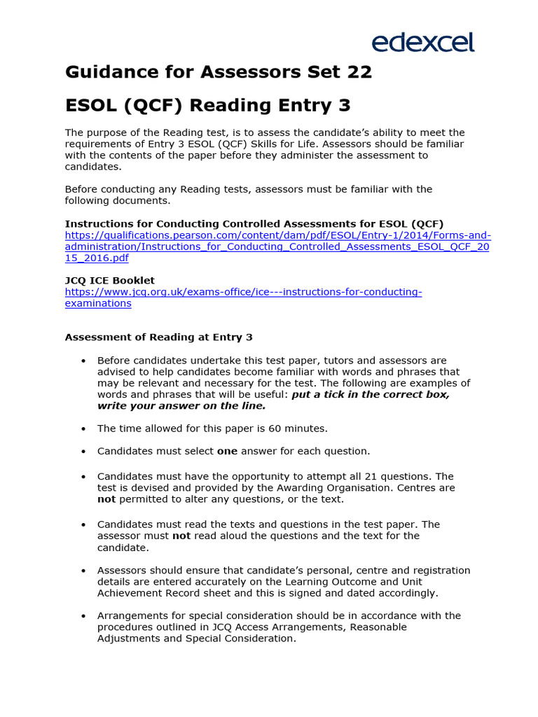Set 22 ESOL (QCF) Guidance For Assessors - Reading E3 | PDF | English As A Second Or Foreign ...