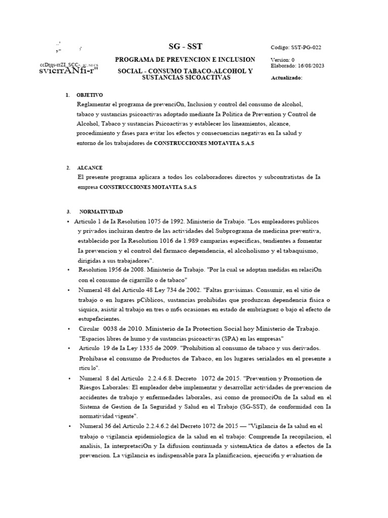Sst-Pg-022 Programa Prevencion e Inclusion | Descargar gratis PDF | Alcoholismo | La dependencia ...