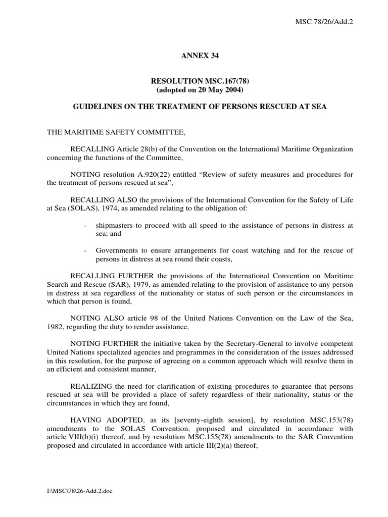 IMO Guidlines on the Treatment of Persons Rescued at Sea MSC.167(78 ...