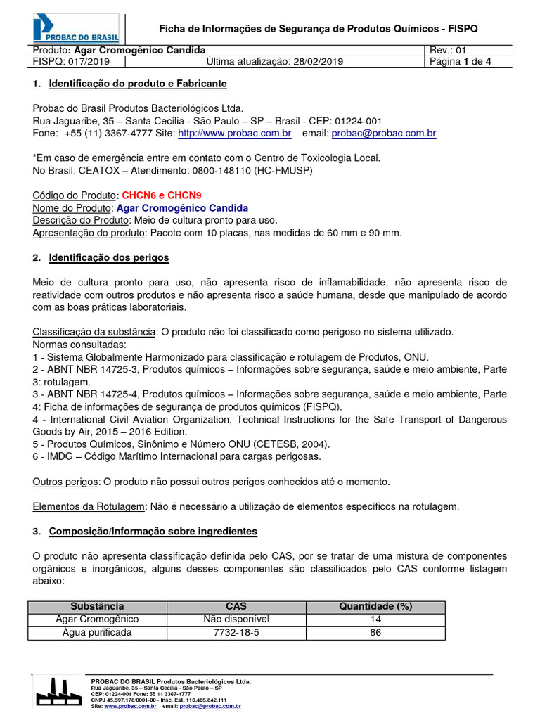 FISPQ - Agar Cromogênico Candida 017 Rev 01 | PDF | Química | Toxicidade