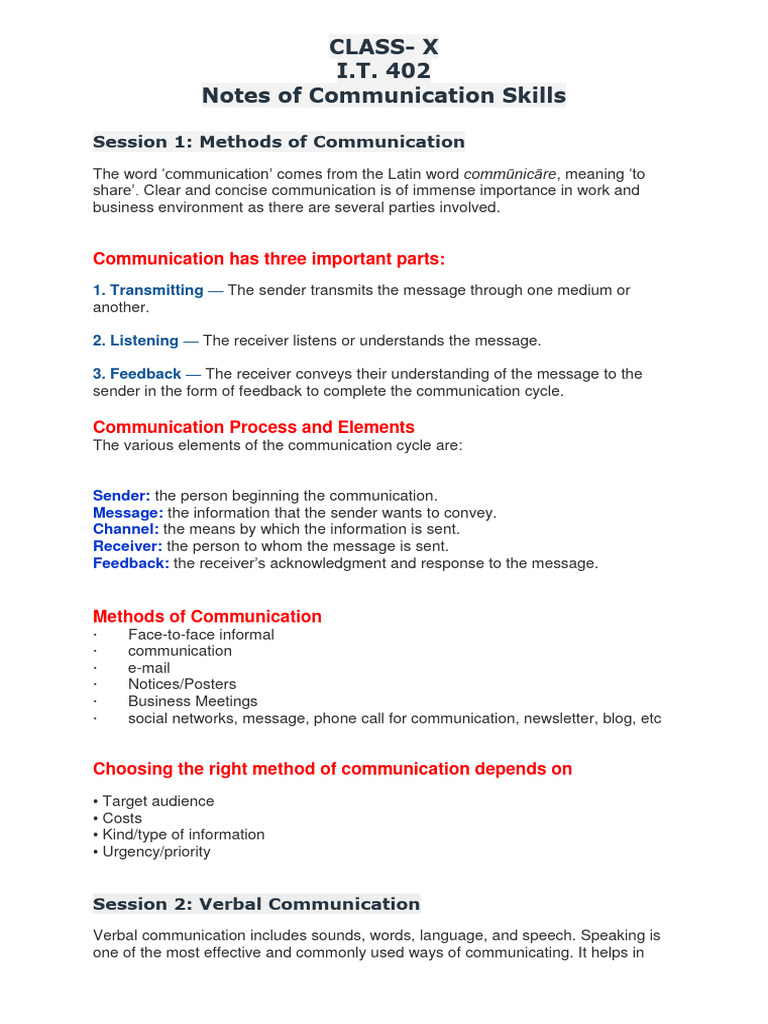 Class-X I.T. 402 Notes of Communication Skills | PDF | Communication ...