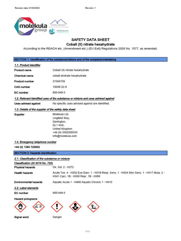 Safety Data Sheet - EN - (21304739) COBALT (II) NITRATE HEXAHYDRATE ...