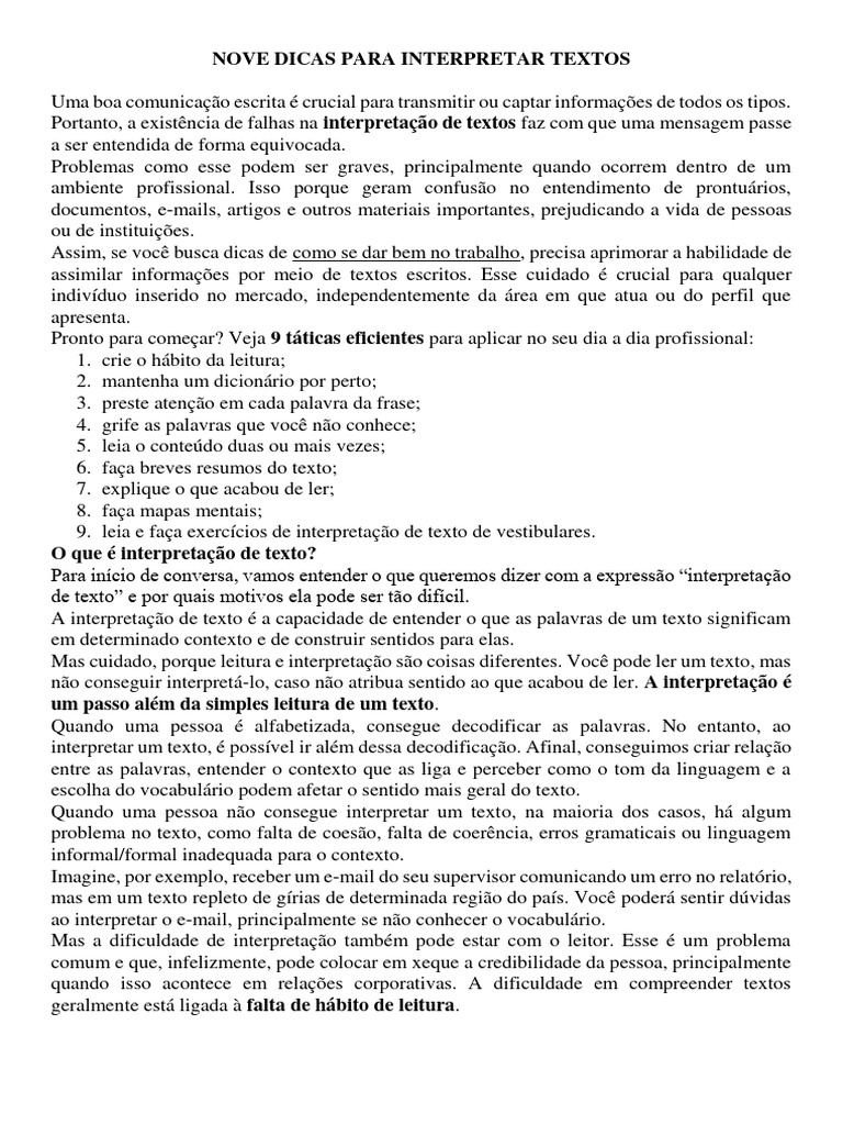 Apostila - Nove Dicas de Como Interpretar Textos | PDF | Interpretação ...