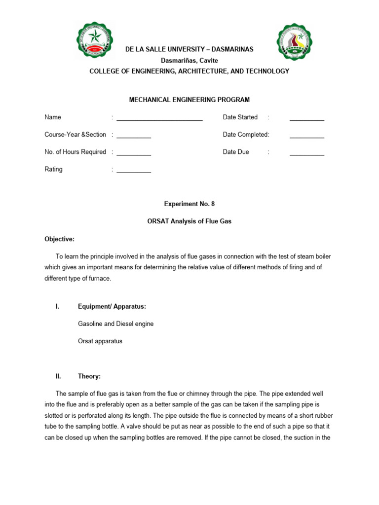 ORSAT Flue Gas Analysis Experiment | PDF | Carbon Dioxide | Gases