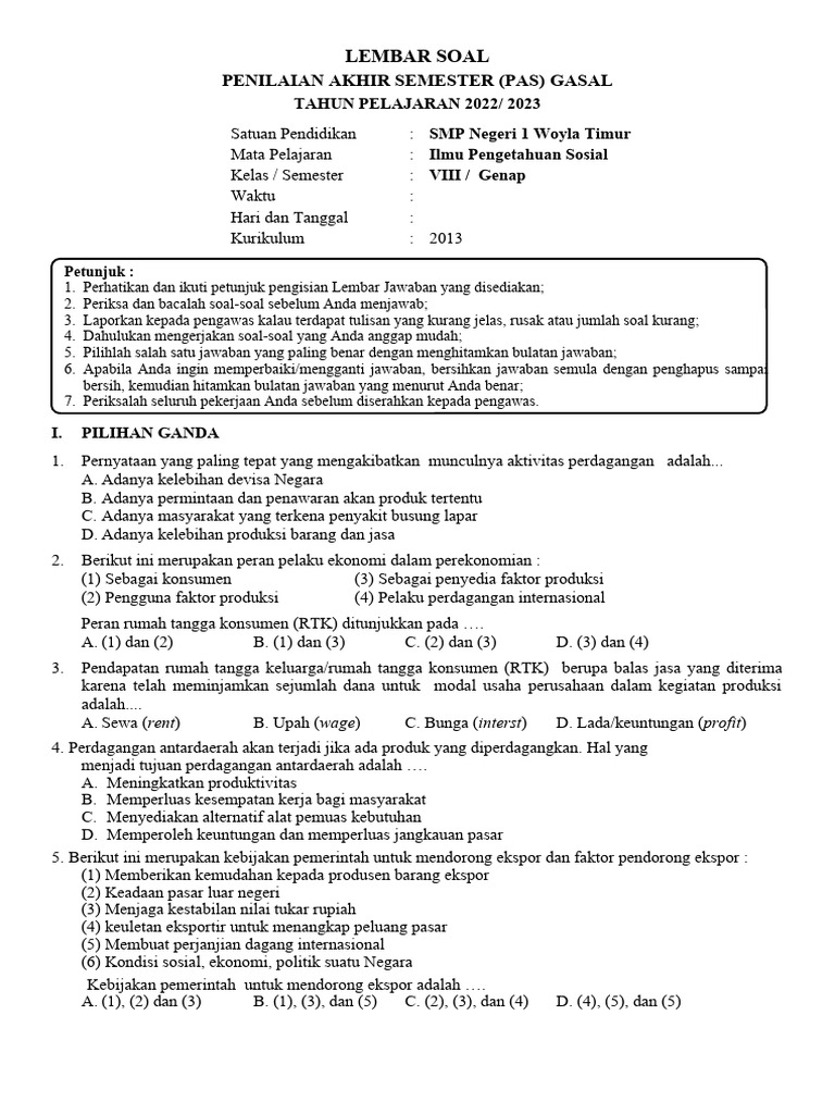 Soal PAS IPS Kelas 8 Genap 2023 | PDF