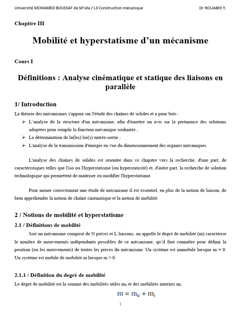 Mobilité et hyperstatisme des mécanismes | PDF | Mathématiques ...