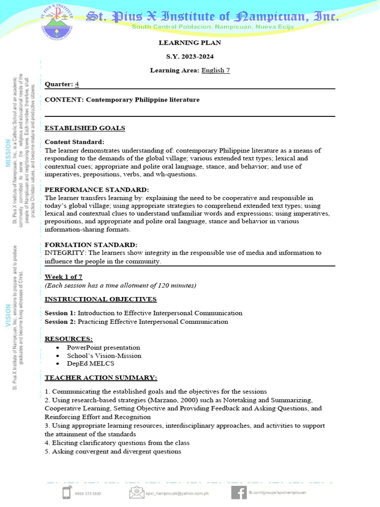LP Grade 7 Q4 Week 1 | PDF | Learning | Communication