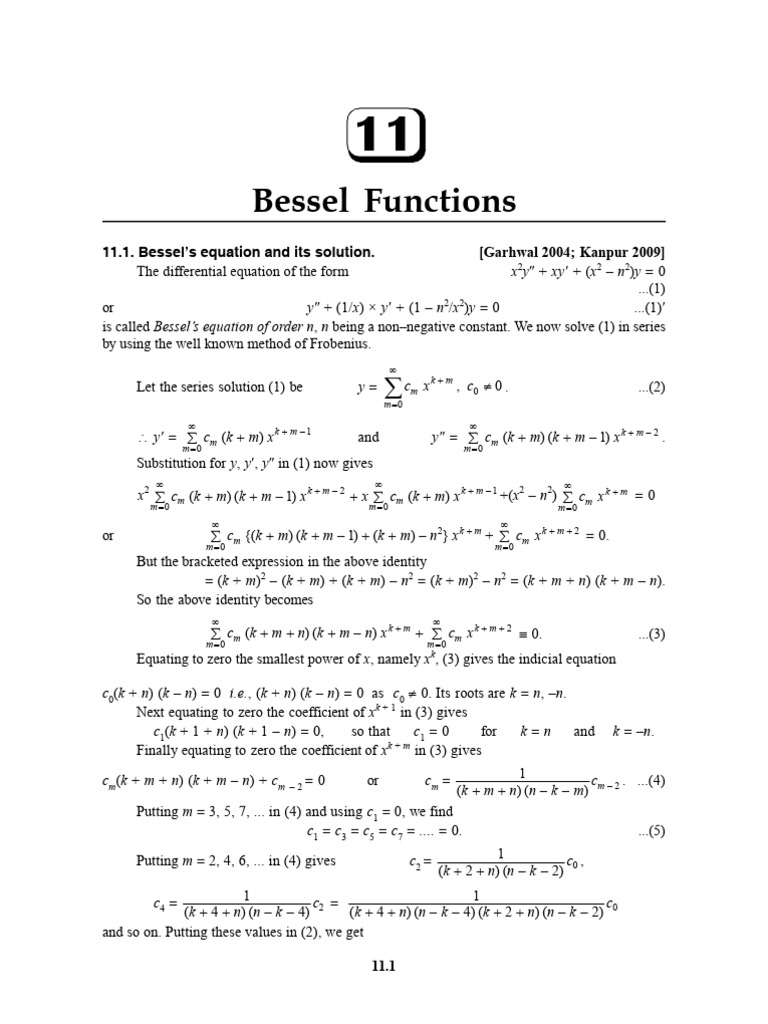 Bessel Functions: 11.1. Bessel's Equation and Its Solution. (Garhwal 2004 Kanpur 2009) | PDF ...