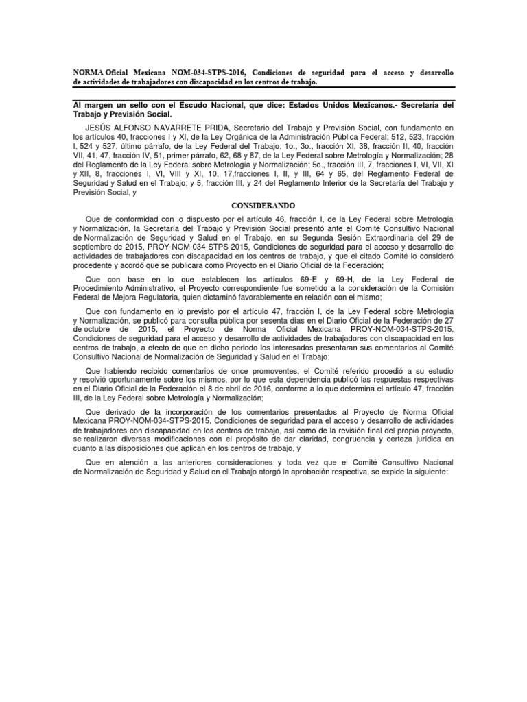 NORMA Oficial Mexicana NOM-034-STPS-2016, Condiciones de Seguridad para ...
