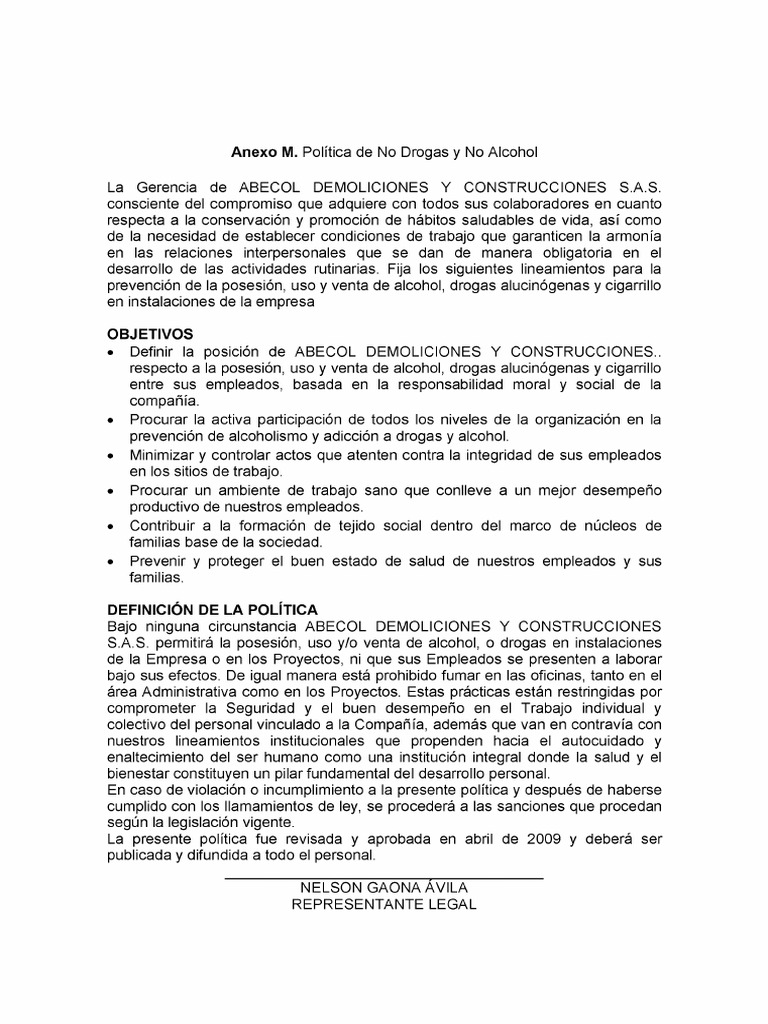 ANEXO M. Politica No Alcohol y No Drogas | PDF
