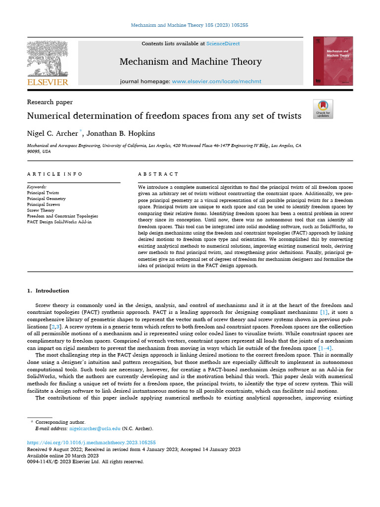 Numerical Determination of Freedom Spaces From An - 2023 - Mechanism ...