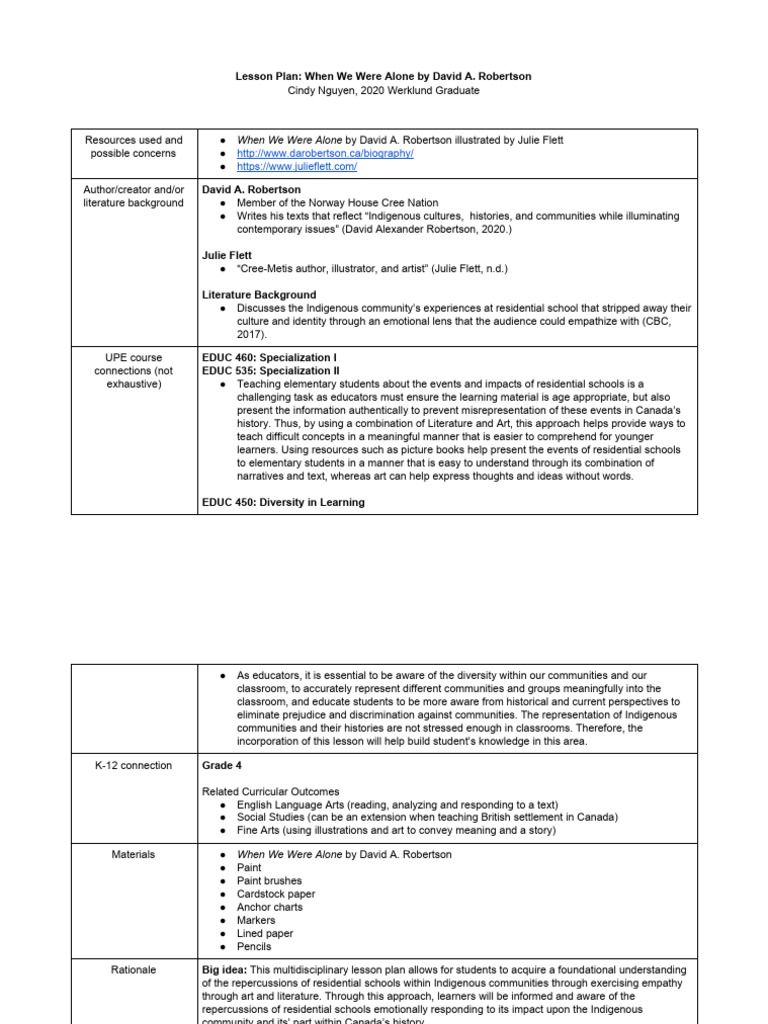 When We Were Alone Grade 4 Lesson | PDF | Lesson Plan | Empathy
