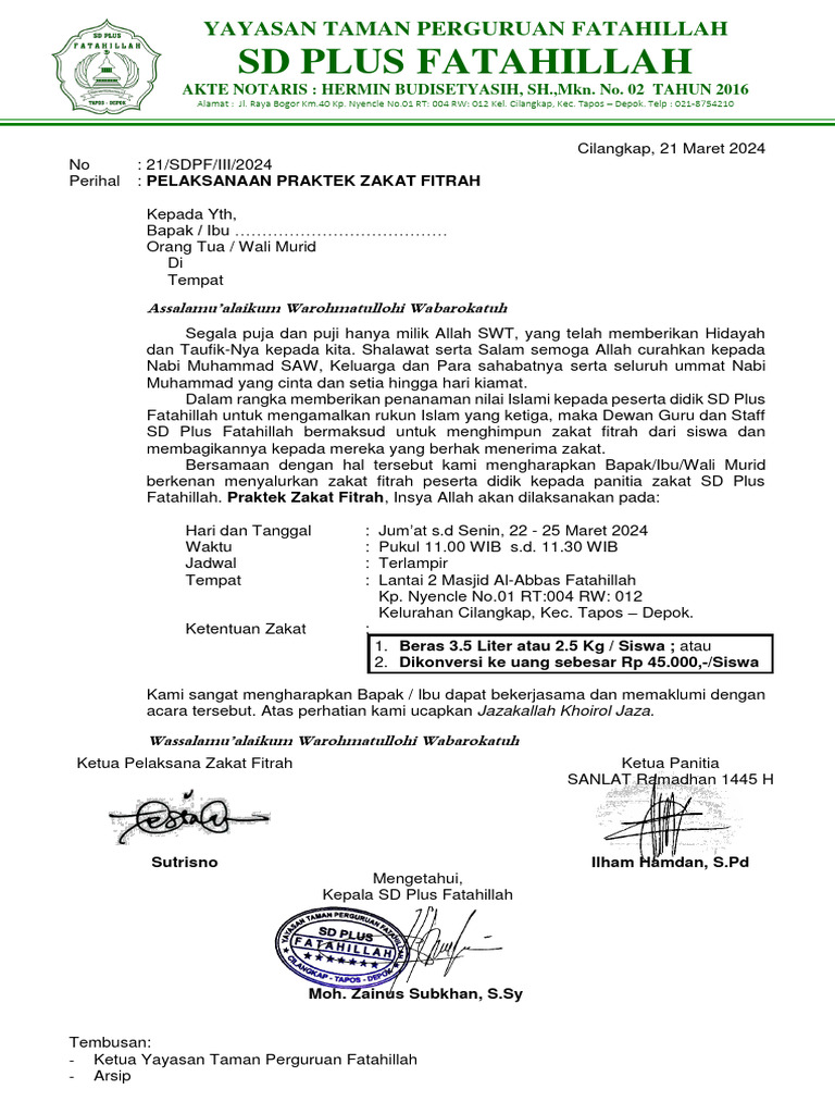 Surat Pemberitahuan Zakat Fitrah 2024 | PDF