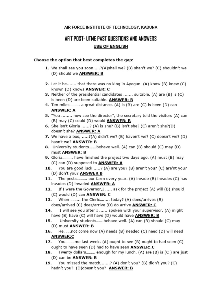AFIT English Past Questions | PDF | Verb | Adjective