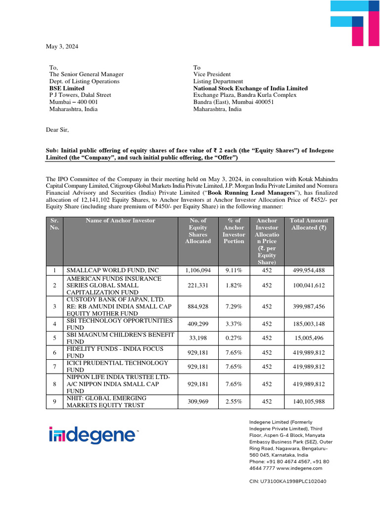 Indegene - Anchor Intimation - VF | PDF | Stocks | Initial Public Offering